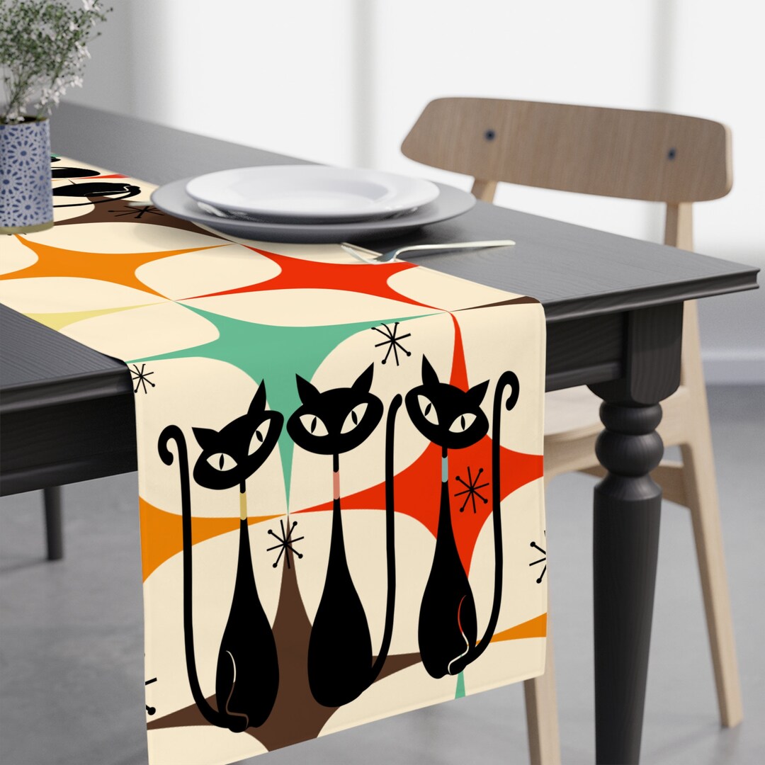 Atomic Kitschy Cat Table Runner, Mid Century Modern Retro Starburst in ...