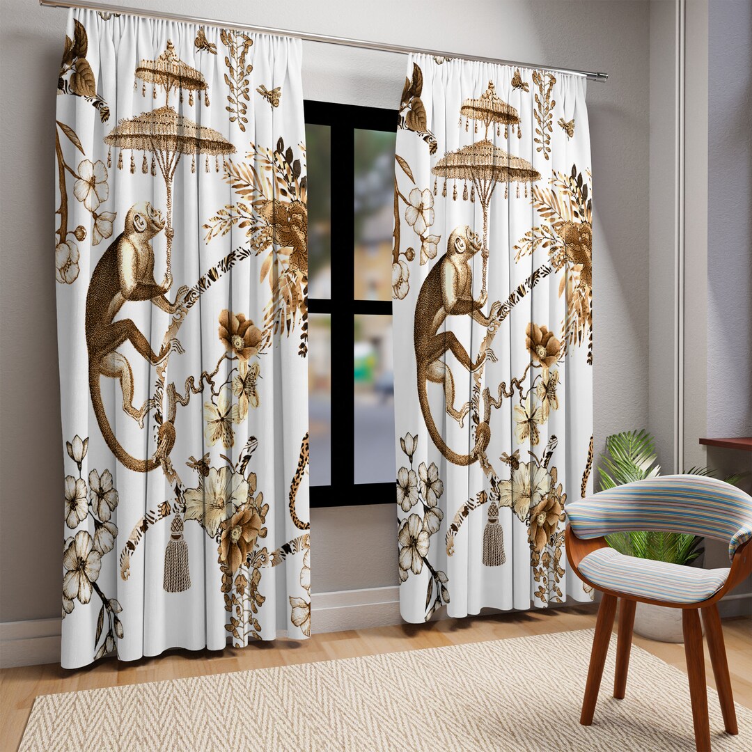 Chinoiserie Jungle Botanical Toile Window Curtains, Brown, White ...