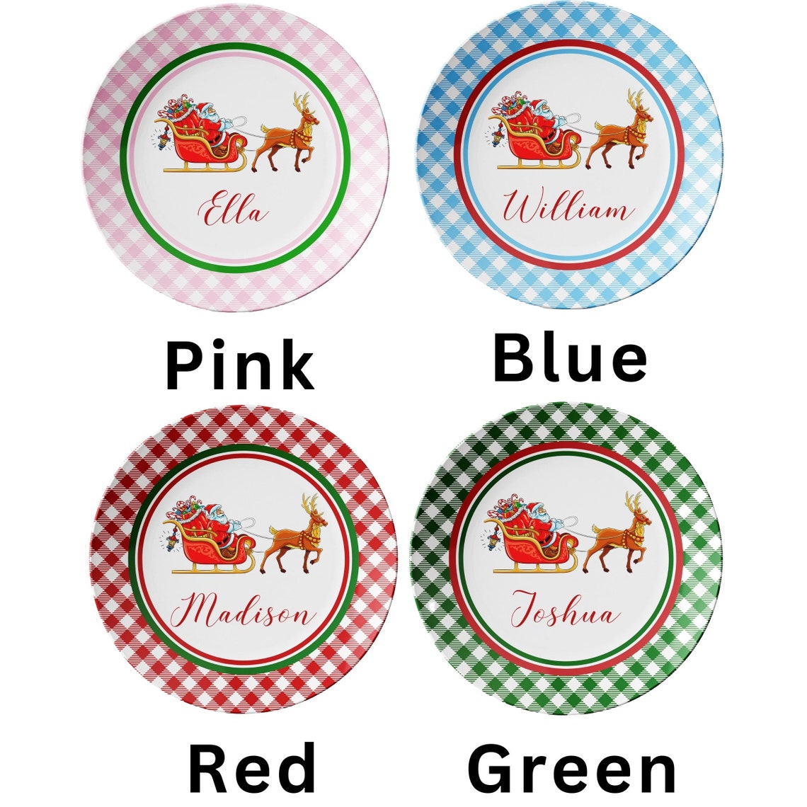 Personalized Santa Sleigh & Rudolph Red Gingham Plate Kids - Etsy