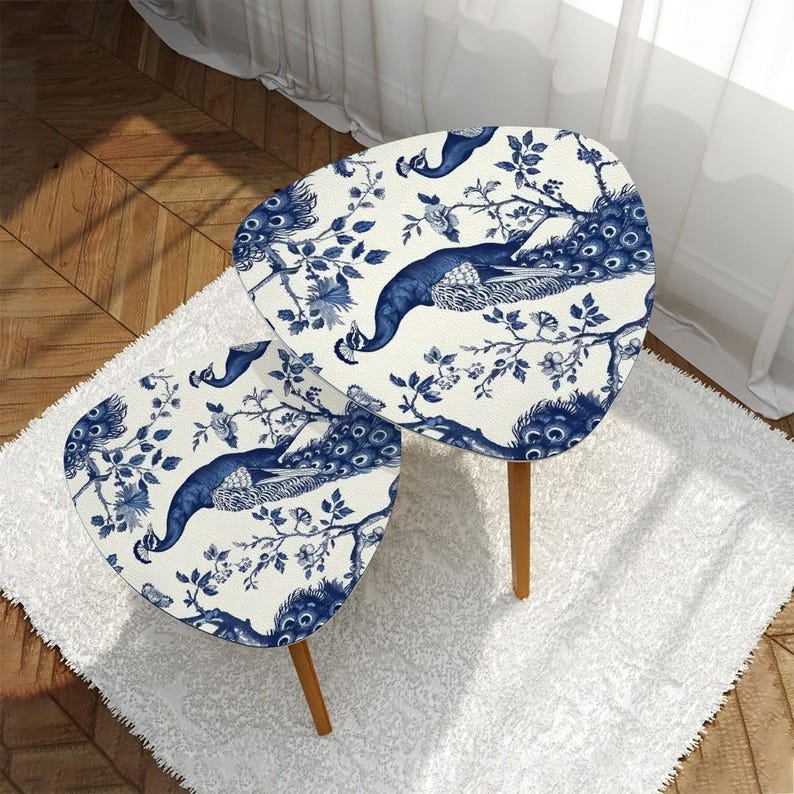 Chinoiserie Peacock Accent Tables, Blue and White Floral Decor, Elegant ...