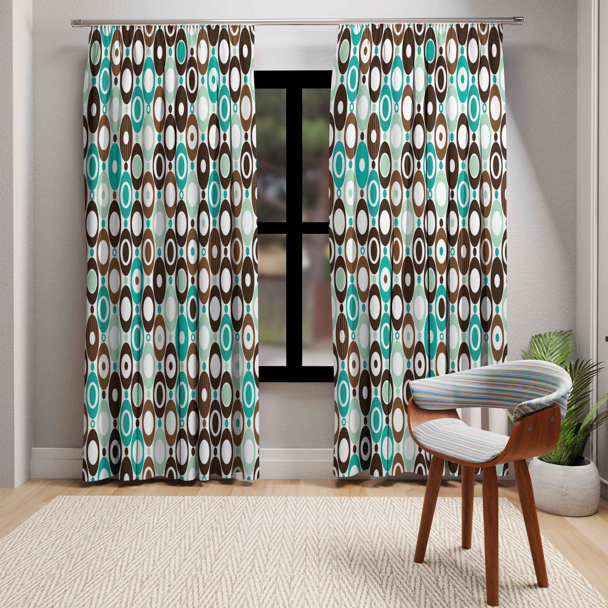 60s 70s Mid Century Modern Window Curtains, Aqua Brown Teal Geometric ...
