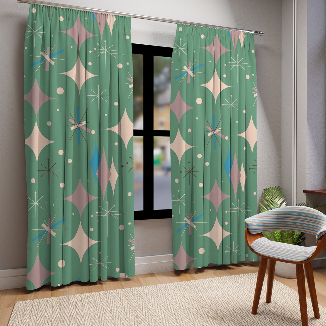 50s Mid Century Modern Starburst Window Curtains, Pink, Green Retro ...