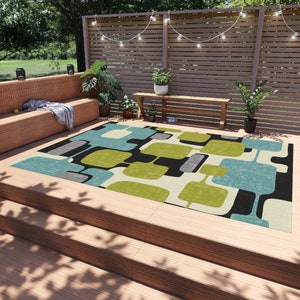 Retro Mid Century Modern Indoor - Outdoor Area Rug, MCM Teal, Lime ...