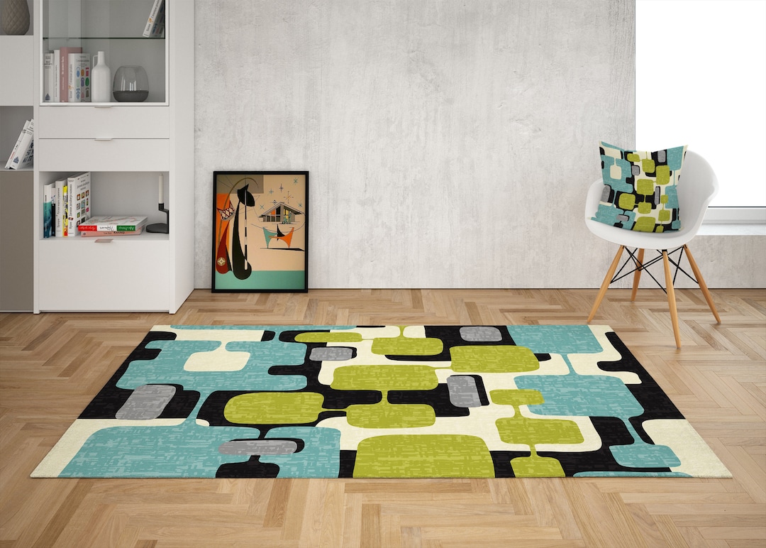 Retro Mid Century Modern Area Rugs, MCM Teal, Lime Green, Gray, Cream ...