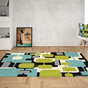Retro Mid Century Modern Area Rugs, MCM Teal, Lime Green, Gray, Cream ...