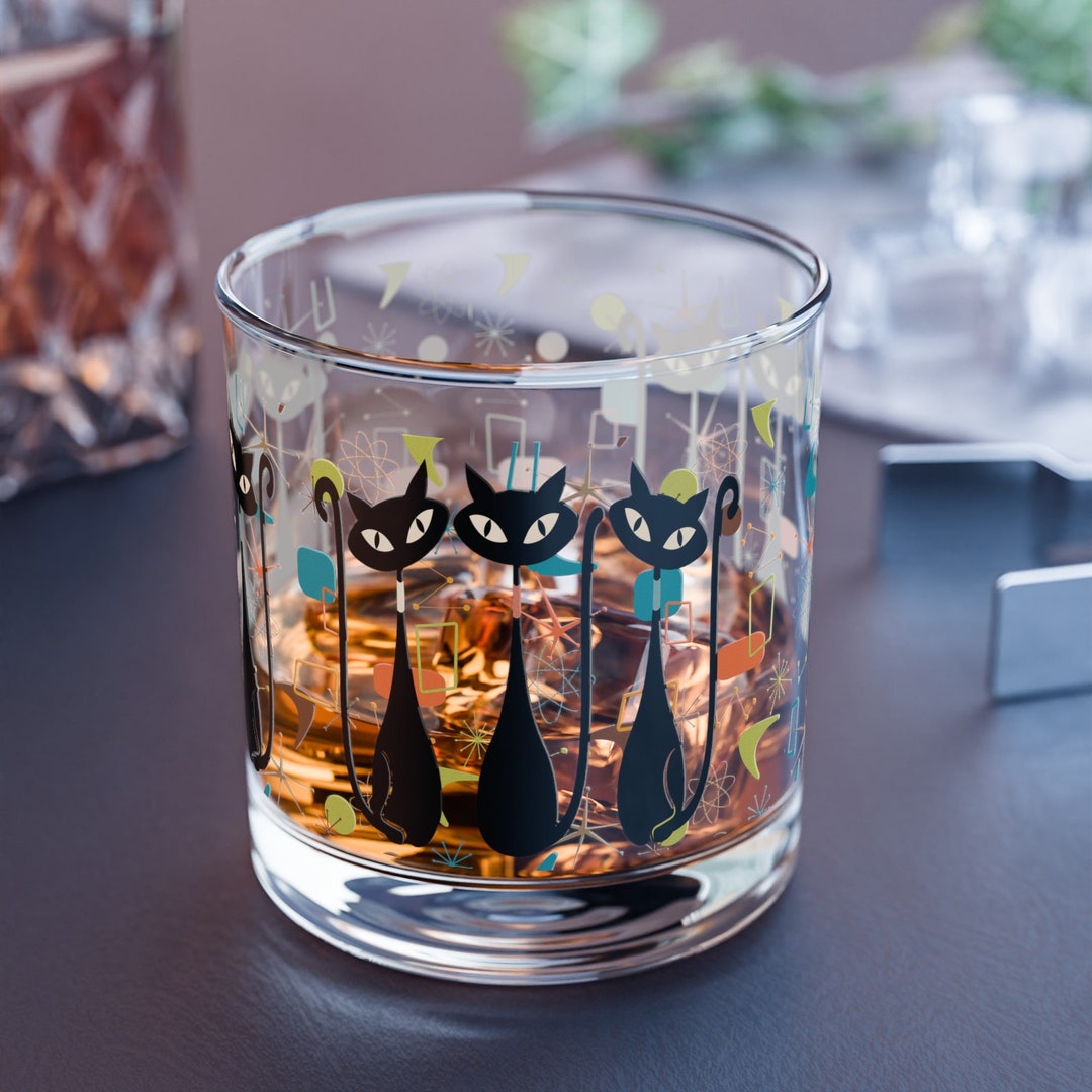 Atomic Kitschy Black Cat Rocks Glass, 10oz Mid Century Modern Whiskey ...