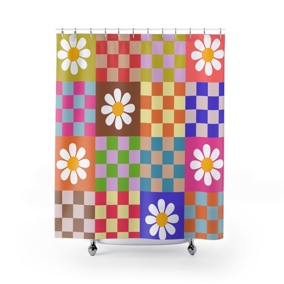 Checkered Floral Mid Century Modern Shower Curtains Groovy Hippie