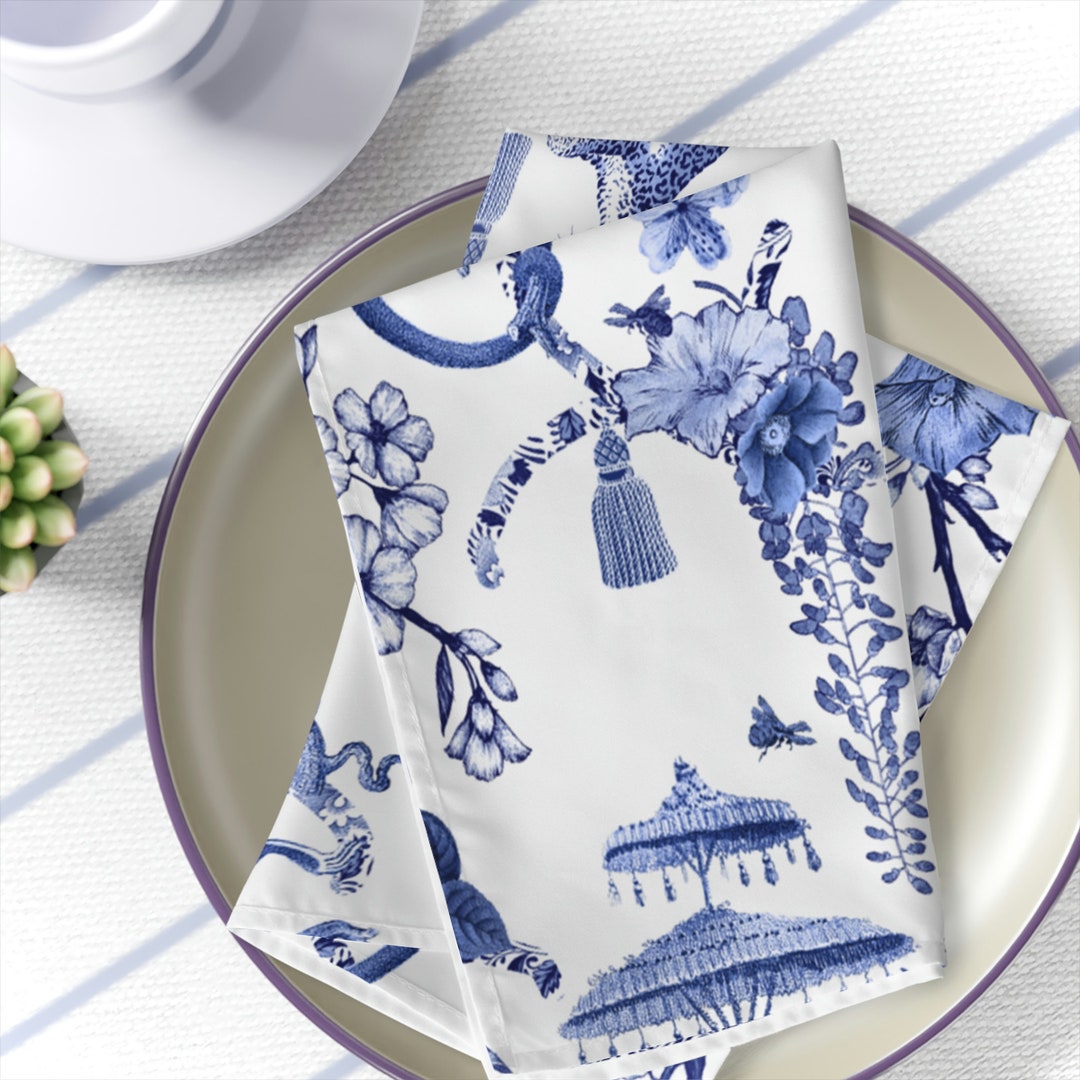 Chinoiserie Botanical Toile Napkins Set of 4, Floral Blue and White ...