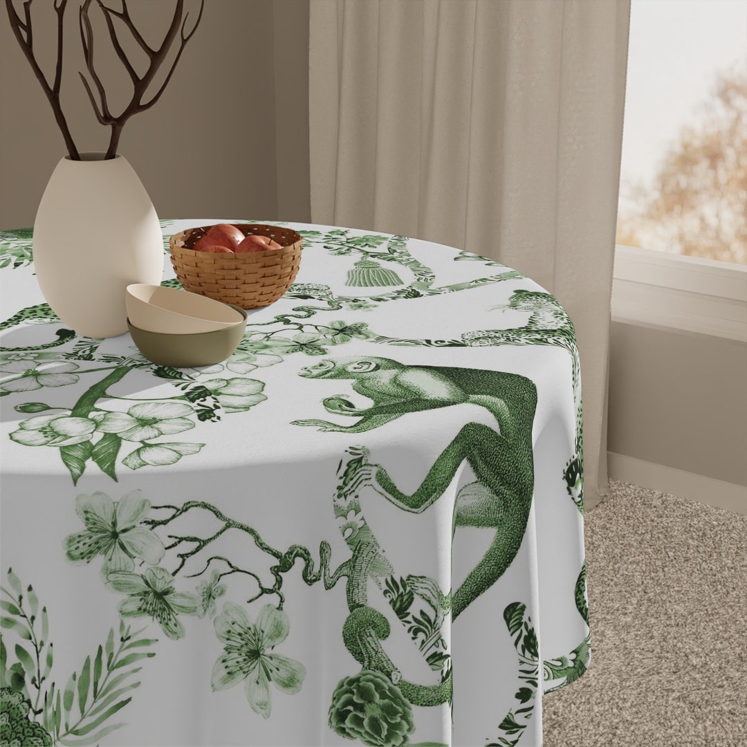 Chinoiserie Botanical Toile Tablecloth, Floral Green, White Chinoiserie ...