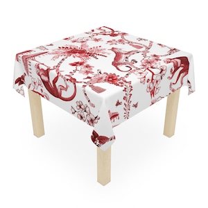 Chinoiserie Jungle Botanical Toile Tablecloth, Red, White Chinoiserie ...