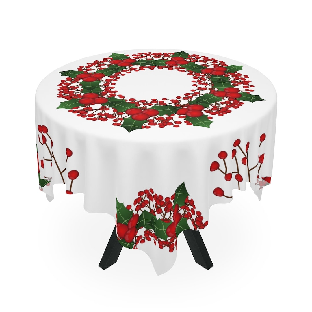Christmas Tablecloth, Holiday Table Linens, Mistletoes, Holly, Red ...