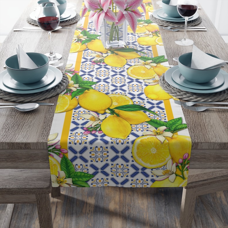 Cobalt Blue and Yellow Lemon and Tiles Table Runner in Cotton Twill or ...
