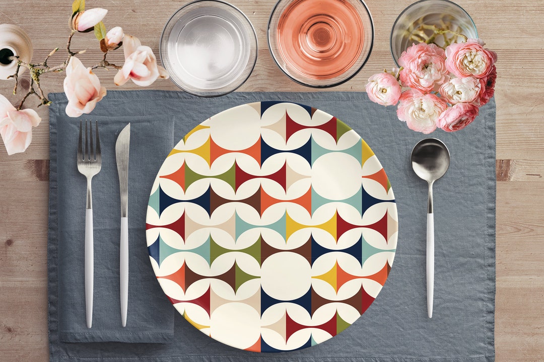 Mid Century Modern Retro Geometric Dinner Plate, 50s MCM Cream, Teal ...