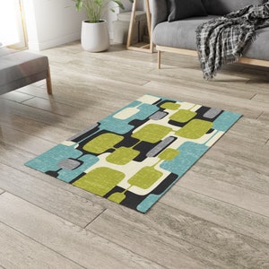 Retro Mid Century Modern Area Rugs, MCM Teal, Lime Green, Gray, Cream ...