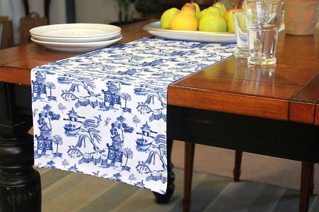 Table Runner in Pagoda Landscape Chinoiserie, Custom Designed ...