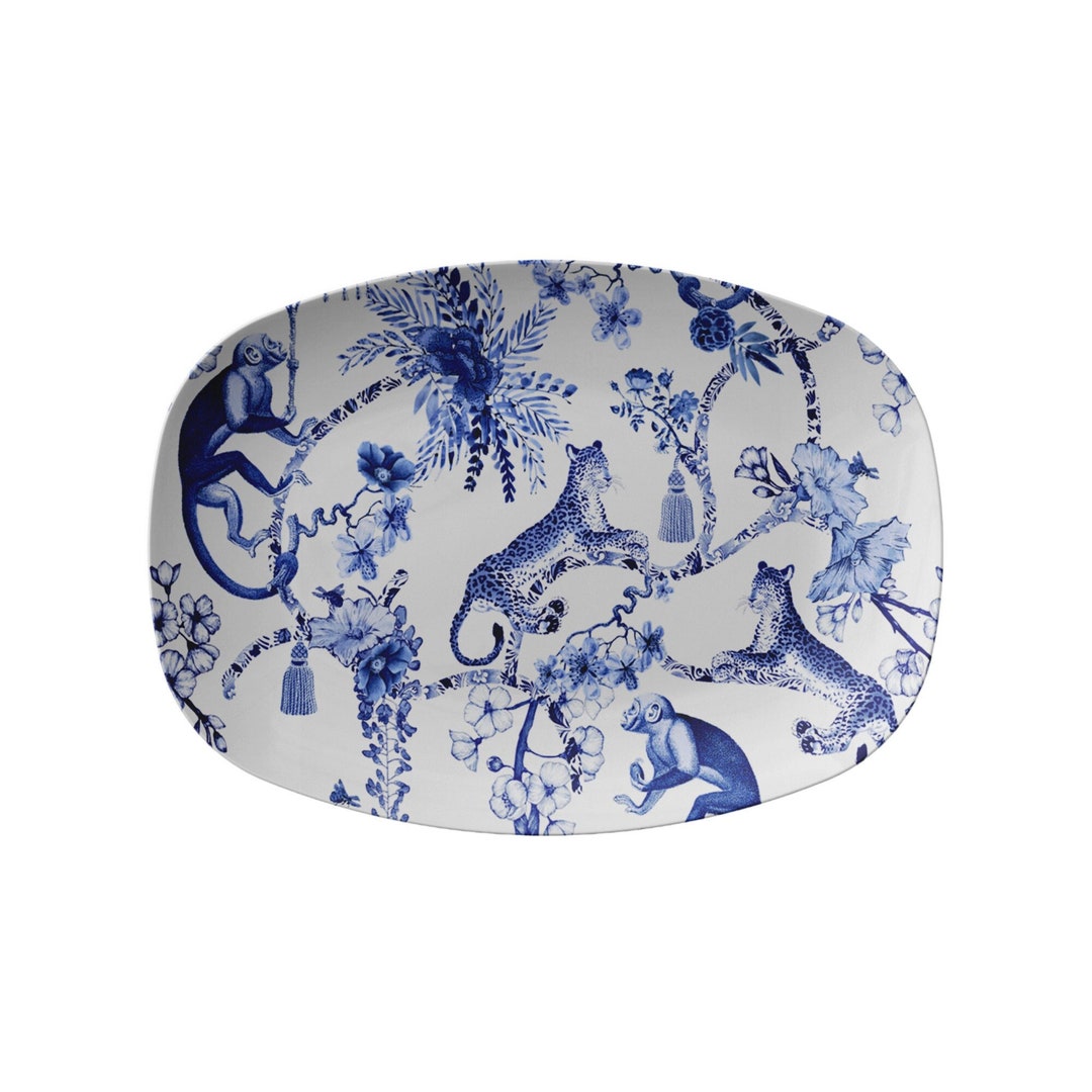 Chinoiserie Botanical Toile Platter, Navy Blue White Chinoiserie ...