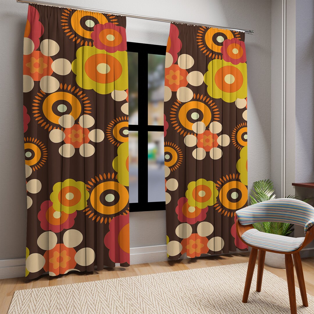 70s Vibe Flower Power Window Curtains, Mid Century Modern Boho Floral ...