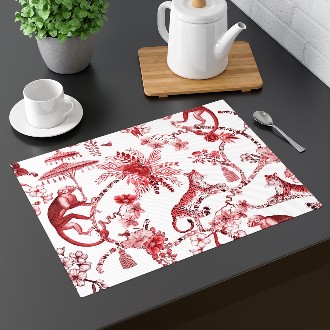 Chinoiserie Jungle Botanical Toile Placemats, Red, White Chinoiserie ...
