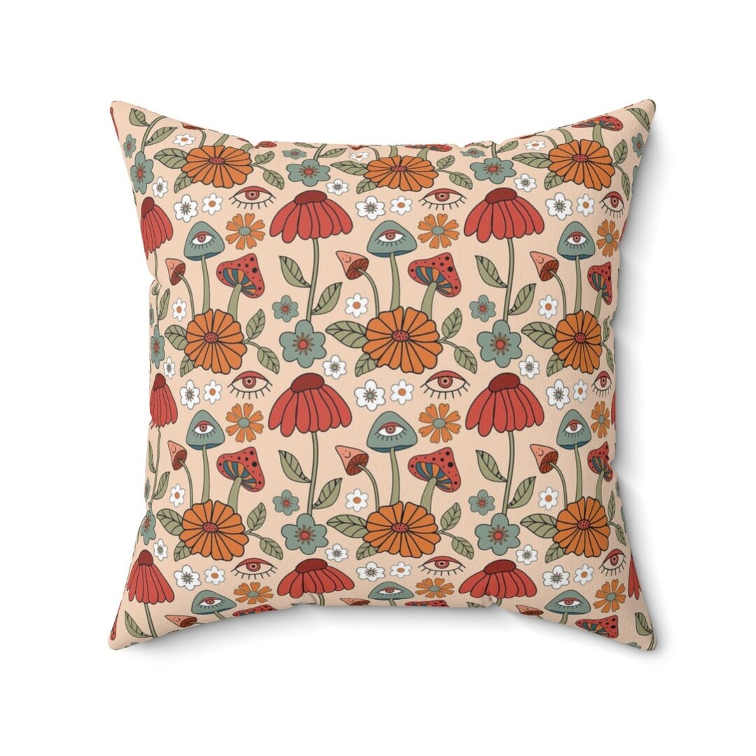 70s Retro Hippie Mushroom Cottagecore Pillow, 70s Floral Psychedelic ...