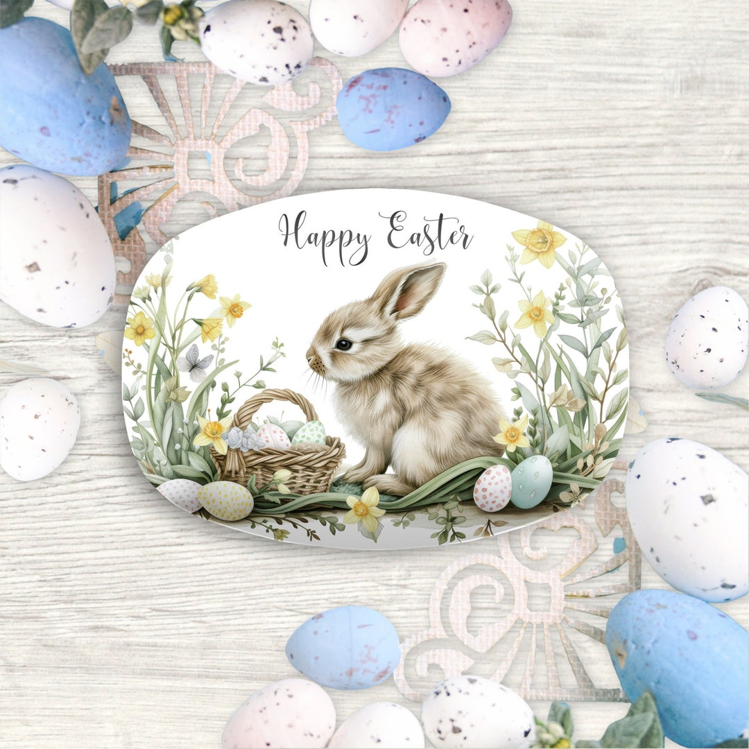 Happy Easter Bunny Serving Platter, Spring Floral Decorative Serving ...