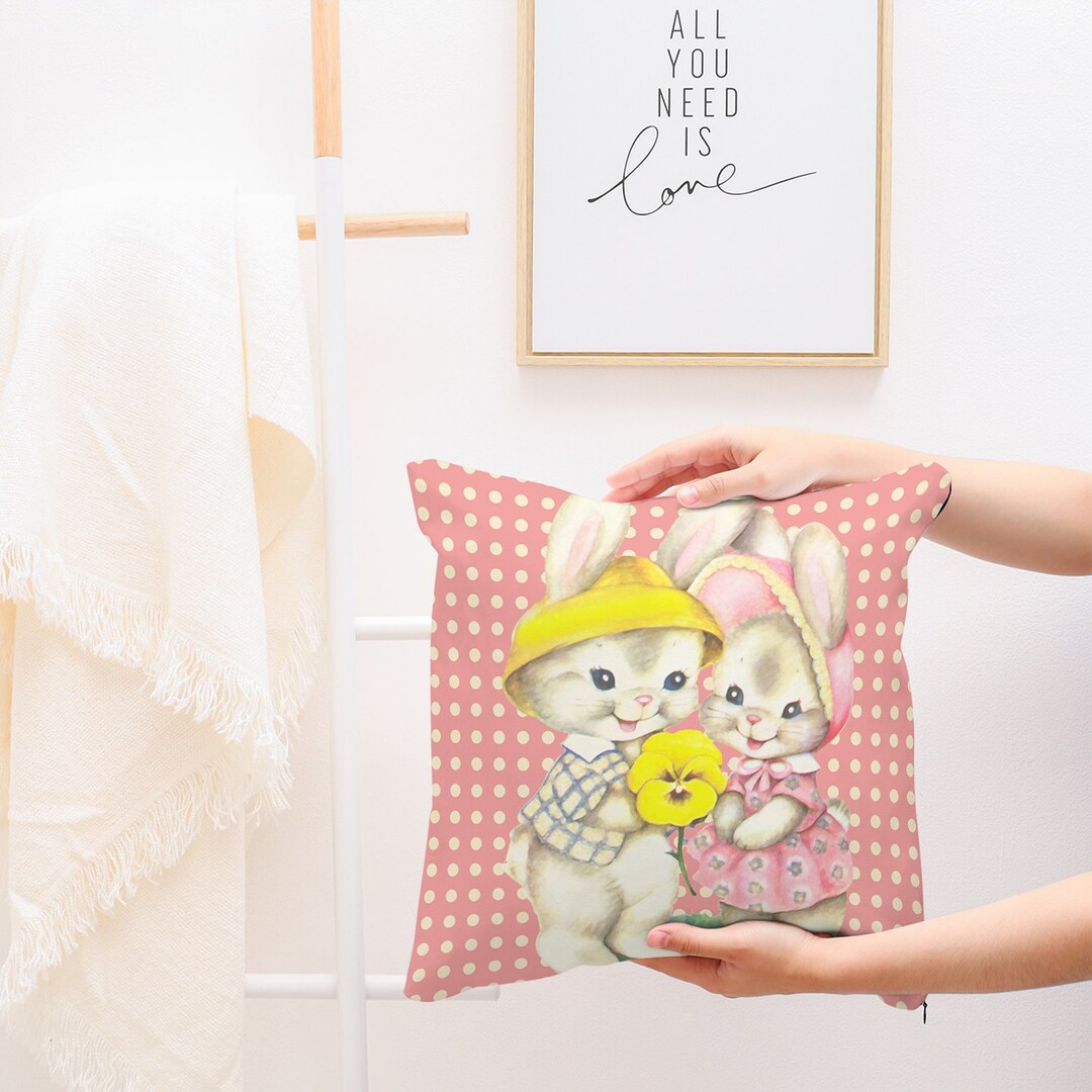 Vintage Easter Bunny Rabbits Easter Card Inspired Throw Pillow Cover, Retro Kitschy Cushion ...