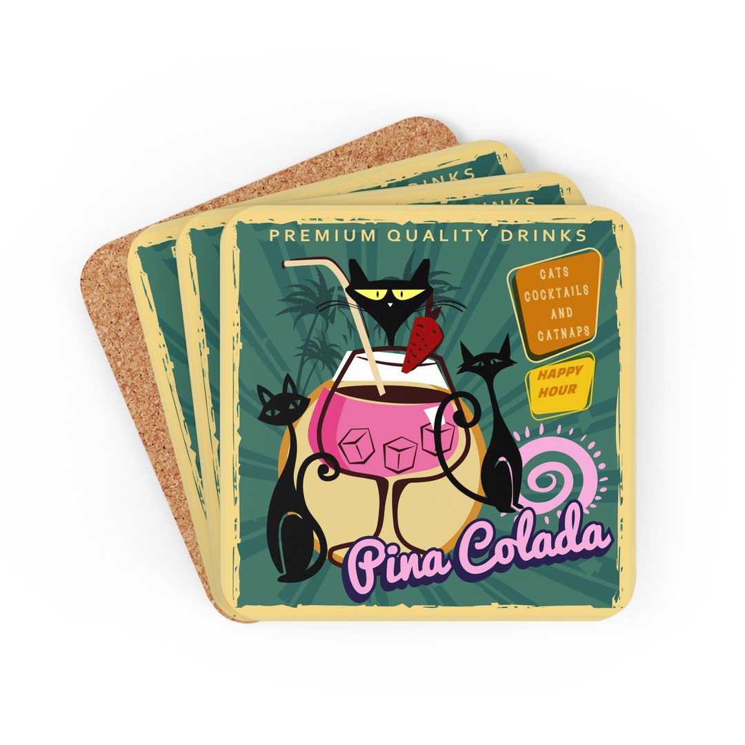 Cats, Cocktails & Catnaps 1950s Cork Coaster Set, Midcentury Diner ...
