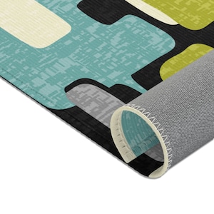 Retro Mid Century Modern Area Rugs, MCM Teal, Lime Green, Gray, Cream ...