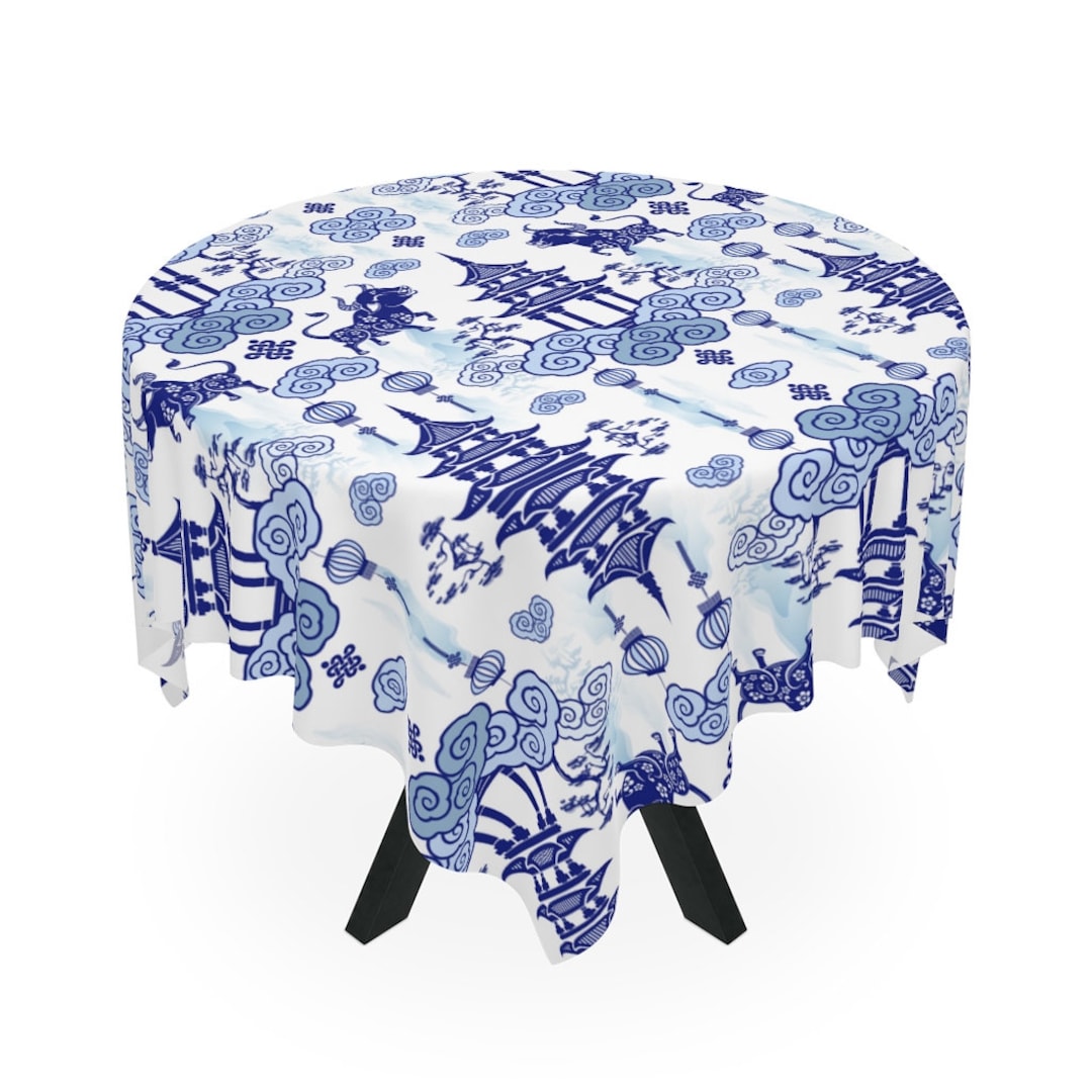 Chinoiserie Tablecloth, Chinese Pagoda and Bulls Tablecloth, Floral ...