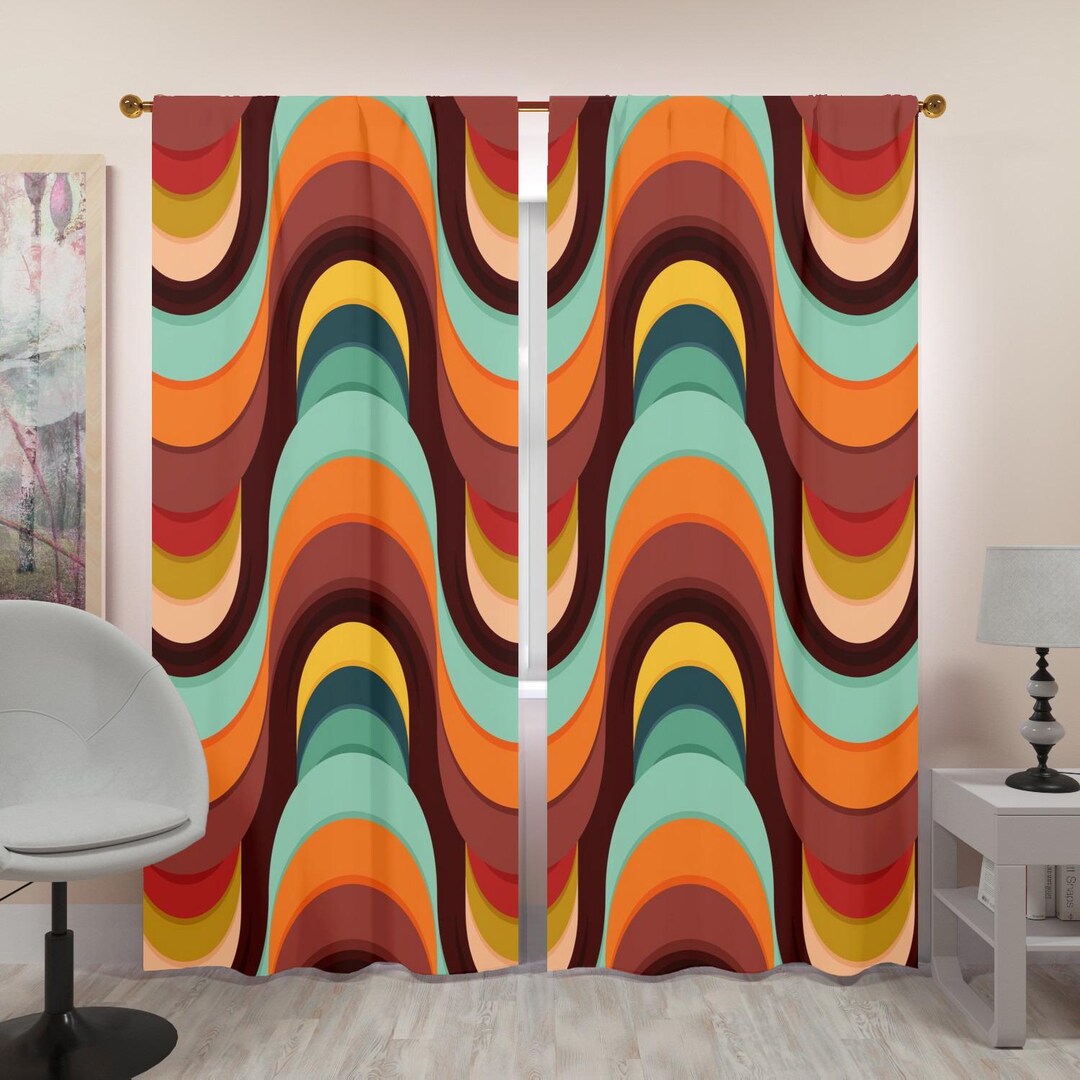 70s Retro Mid Century Modern Window Curtains, Bold Geometric Semi ...