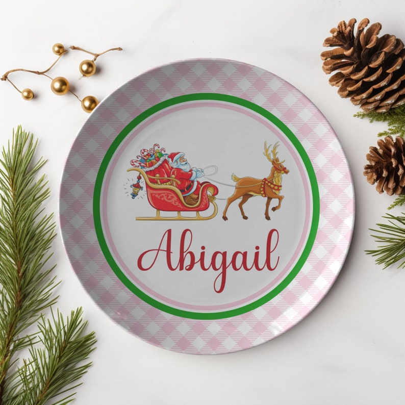 Personalized Santa Sleigh & Rudolph Red Gingham Plate, Kids Holiday ...