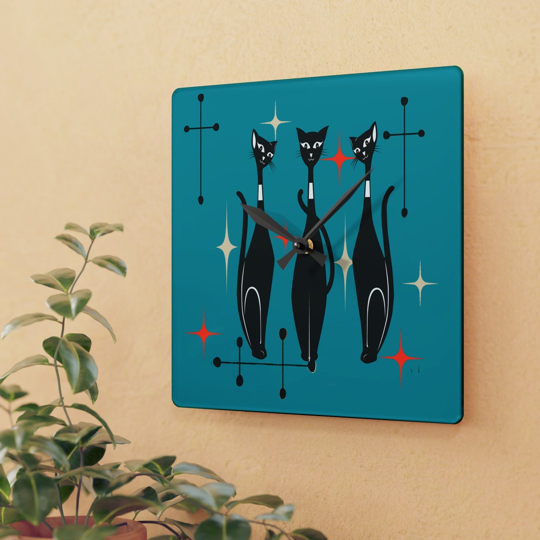 Mid Century Modern Atomic Cat Acrylic Wall Clock, Retro Living Room ...