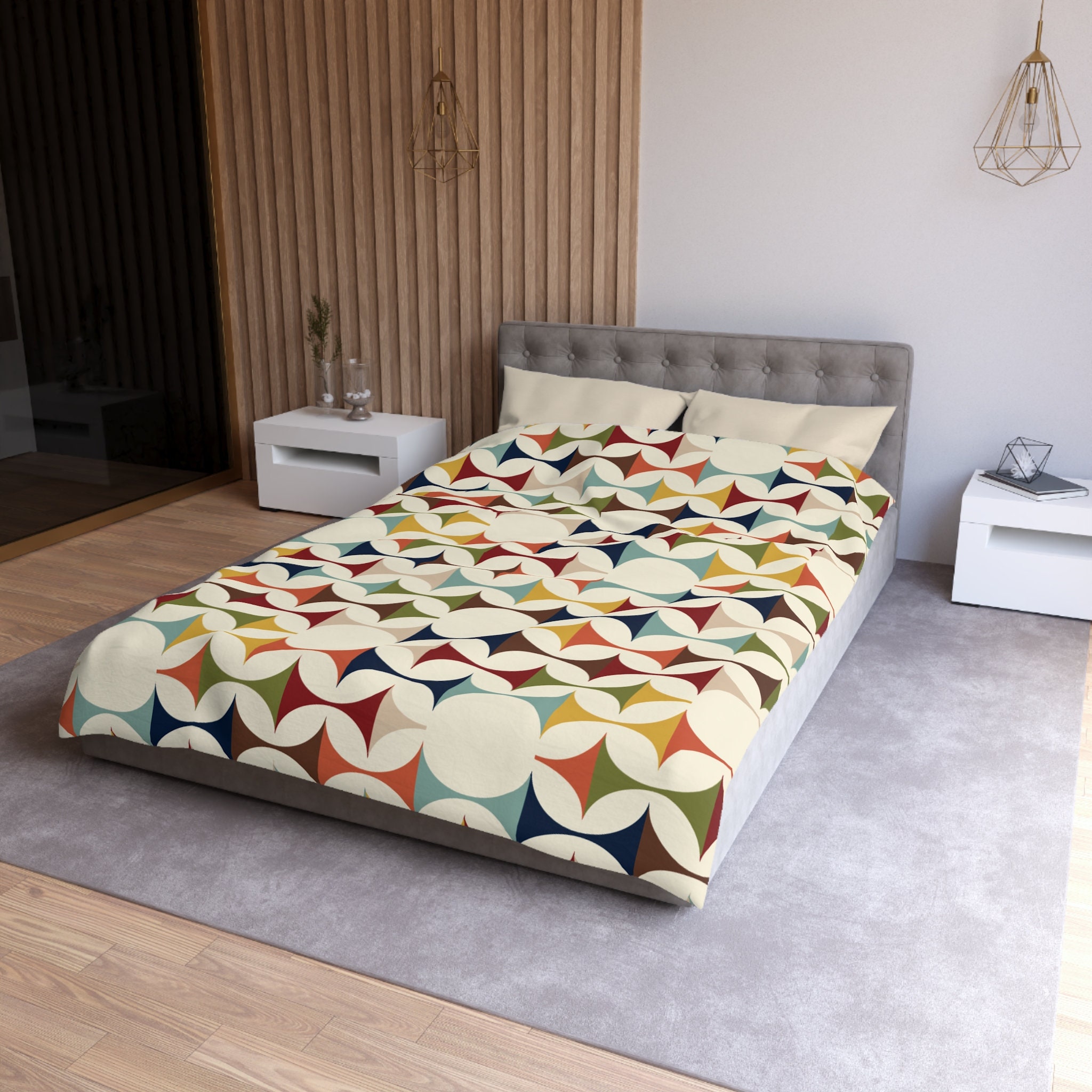 Retro MCM Duvet Cover, Mid Century Modern Bedding, Vibrant Geometric ...