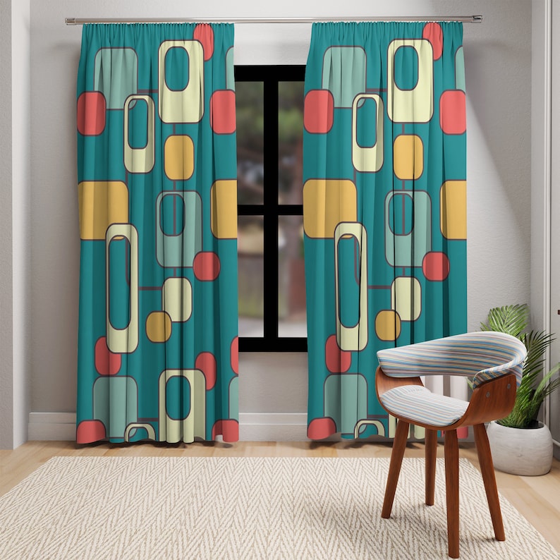 70s Retro Mid Century Modern Geometric Window Curtains Aqua - Etsy