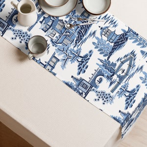 Blue Willow Pagoda Table Runner, Traditional Blue White Asian Scene ...