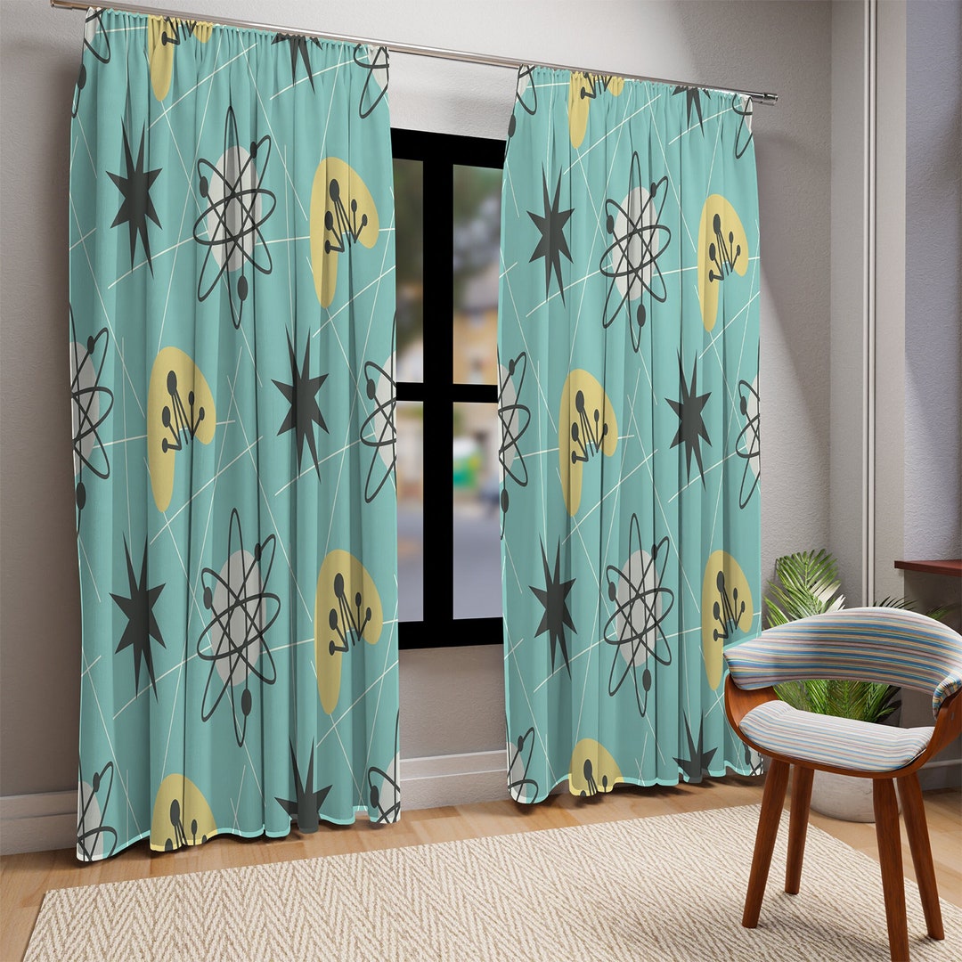 Mid Century 1950s Atomic Window Curtains, Retro Aqua Starbursts ...