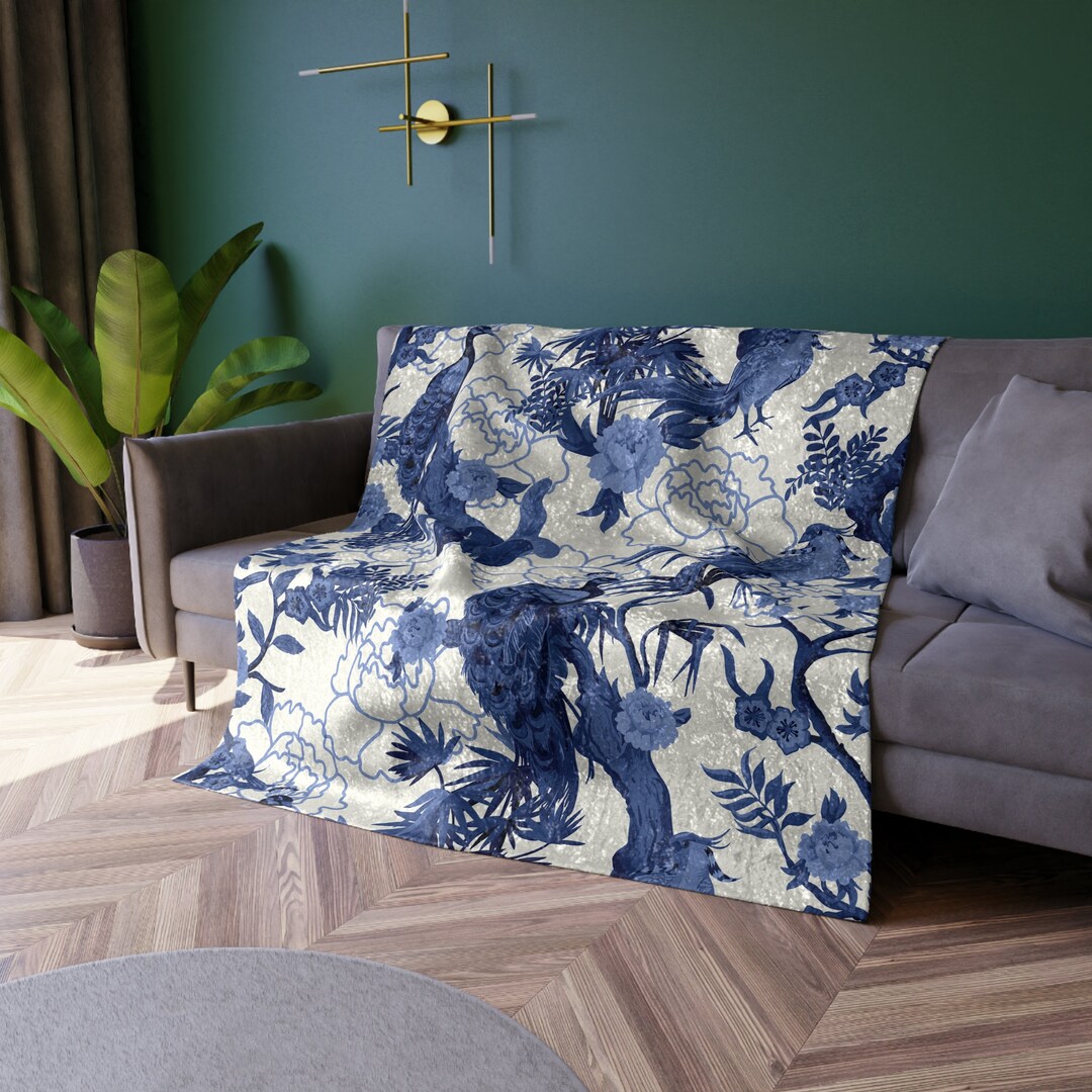 Chinoiserie Peacock Crushed Velvet Blanket, Blue and White Maximalist ...