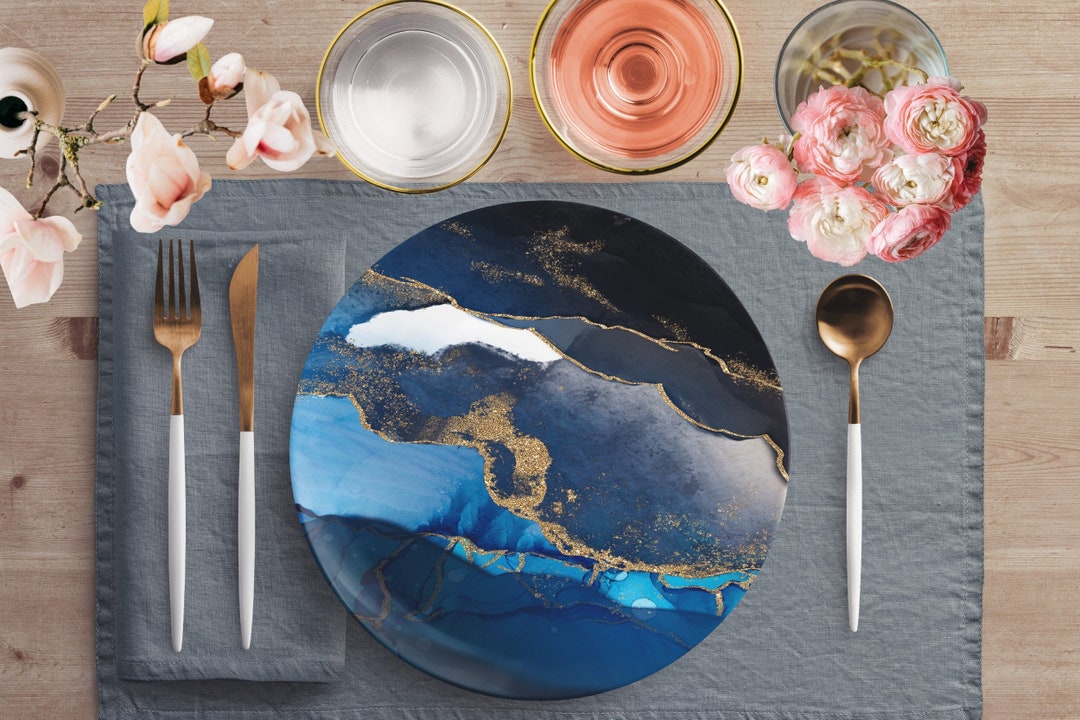 Dinner Plate Set in Blue Waves and Gold Speckles Marble, Custom ...