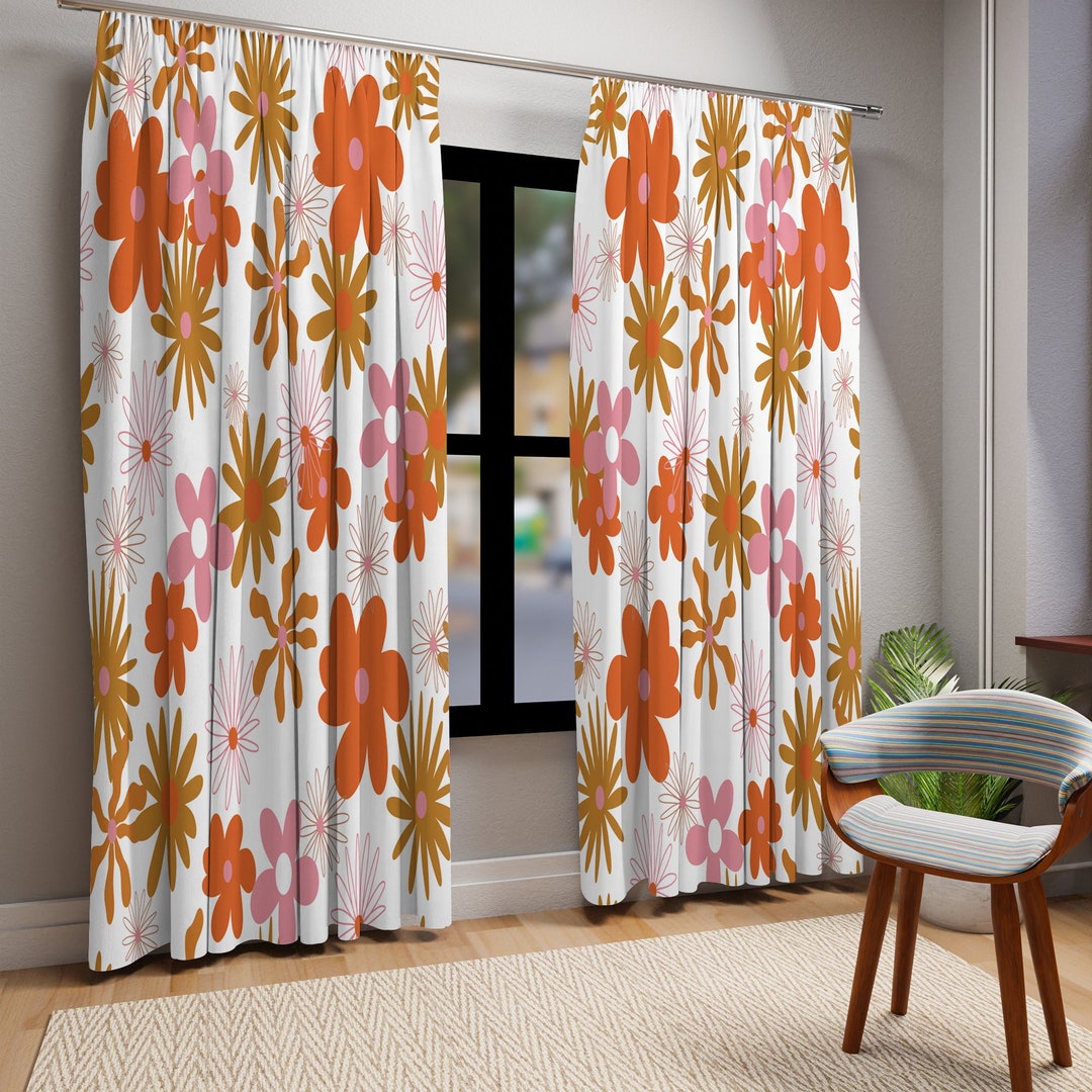 Retro 60s 70s Hippie Floral Window Curtains, Mid Century Modern White ...