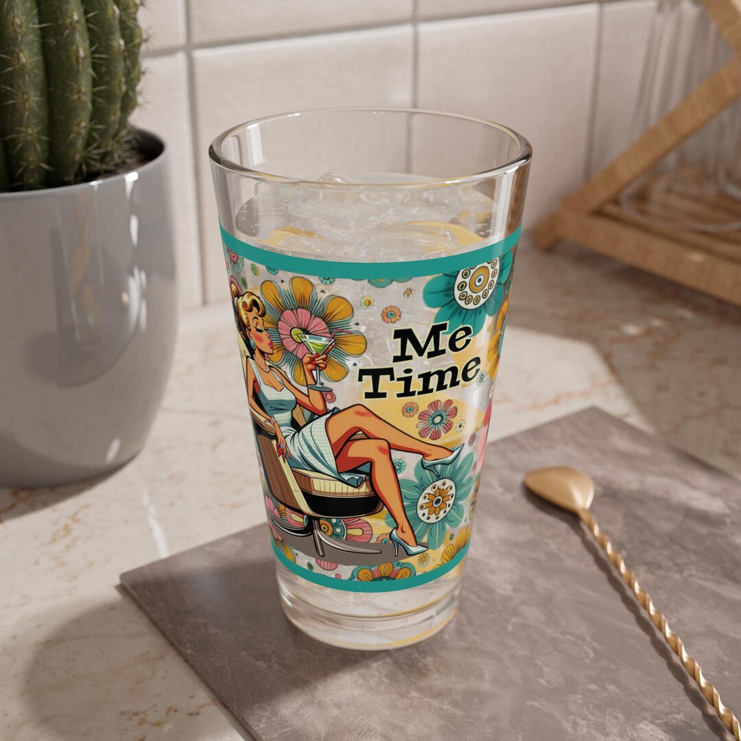 Retro Flower Power Pint Glass, Mid Century Modern Me Time Shaker, MCM ...