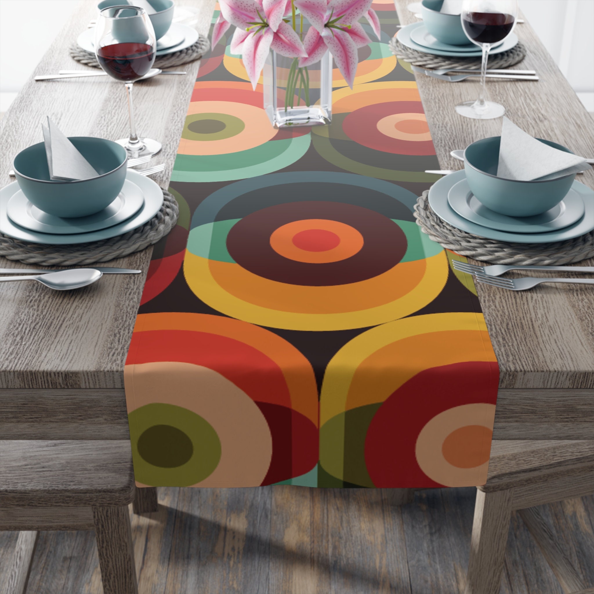 Retro Groovy Geometric Circle Orbs Table Runner, 70s Mid Century Modern ...