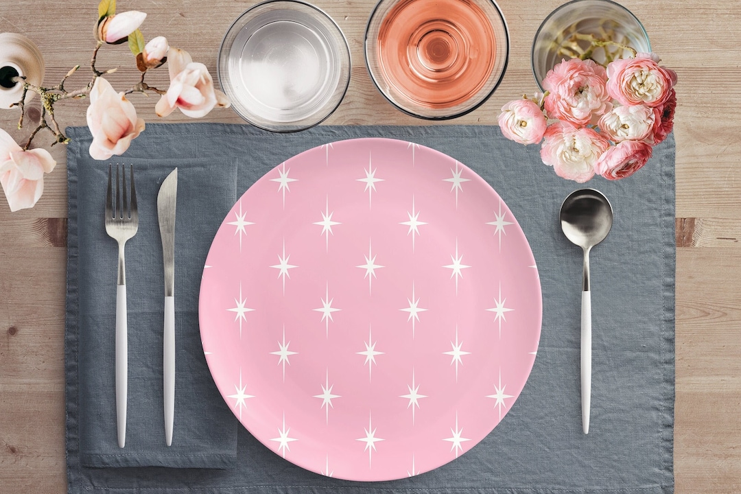 Retro 1950s Pink Atomic Starburst Dinner Plates, Mid Century Modern ...