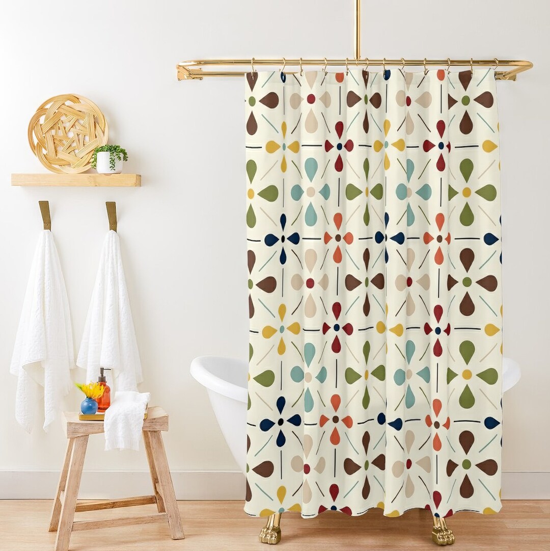 Mid Century Modern Retro Geometric Shower Curtain, 50s MCM Cream, Teal ...