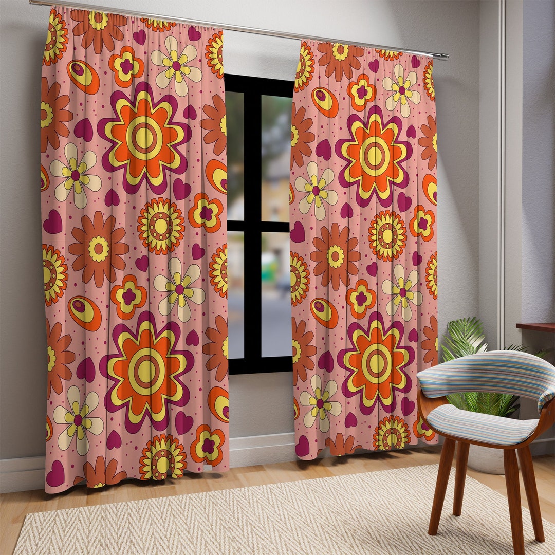 Mid Century Modern Groovy Hippie Window Curtains, 60s 70s Flower Power ...