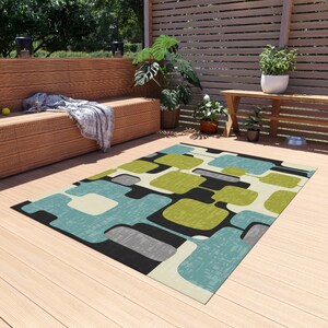 Retro Mid Century Modern Indoor - Outdoor Area Rug, MCM Teal, Lime ...