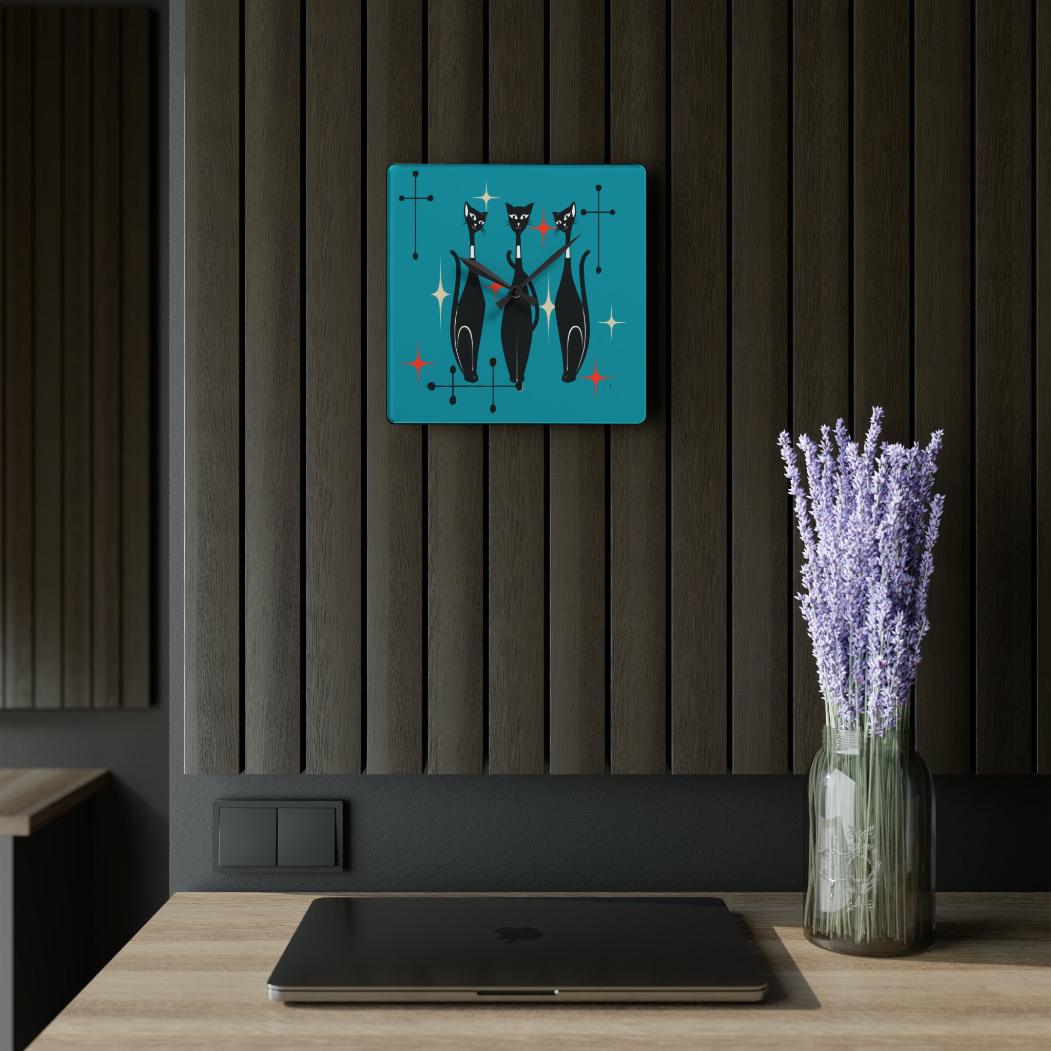 Mid Century Modern Atomic Cat Acrylic Wall Clock, Retro Living Room ...