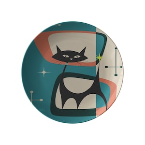 Retro Atomic Black Cat Dinner Plates, Teal Blue, Cream, Burnt Orange ...