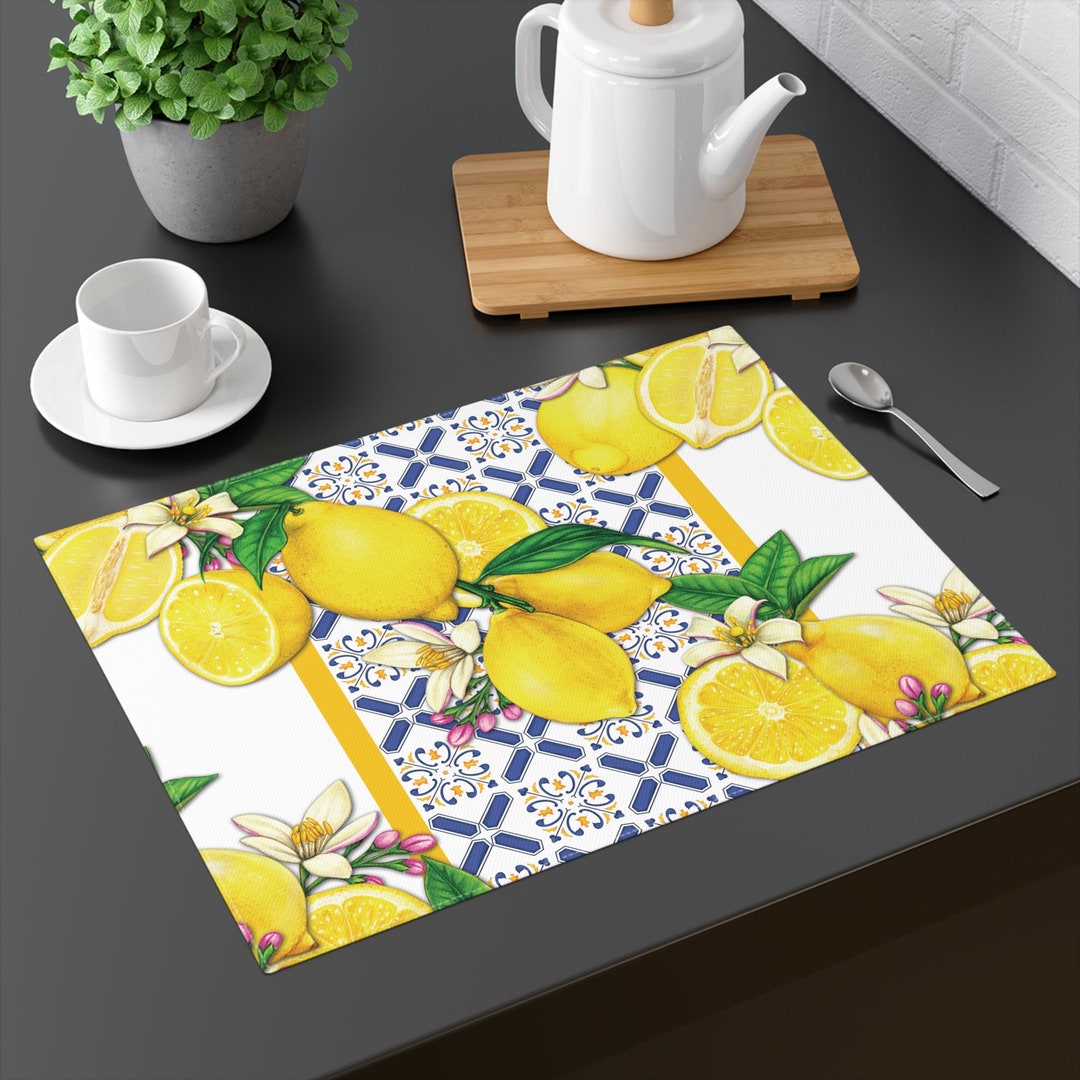 Lemon and Tiles Cobalt Blue & Yellow Woven Placemats, Mediterranean ...