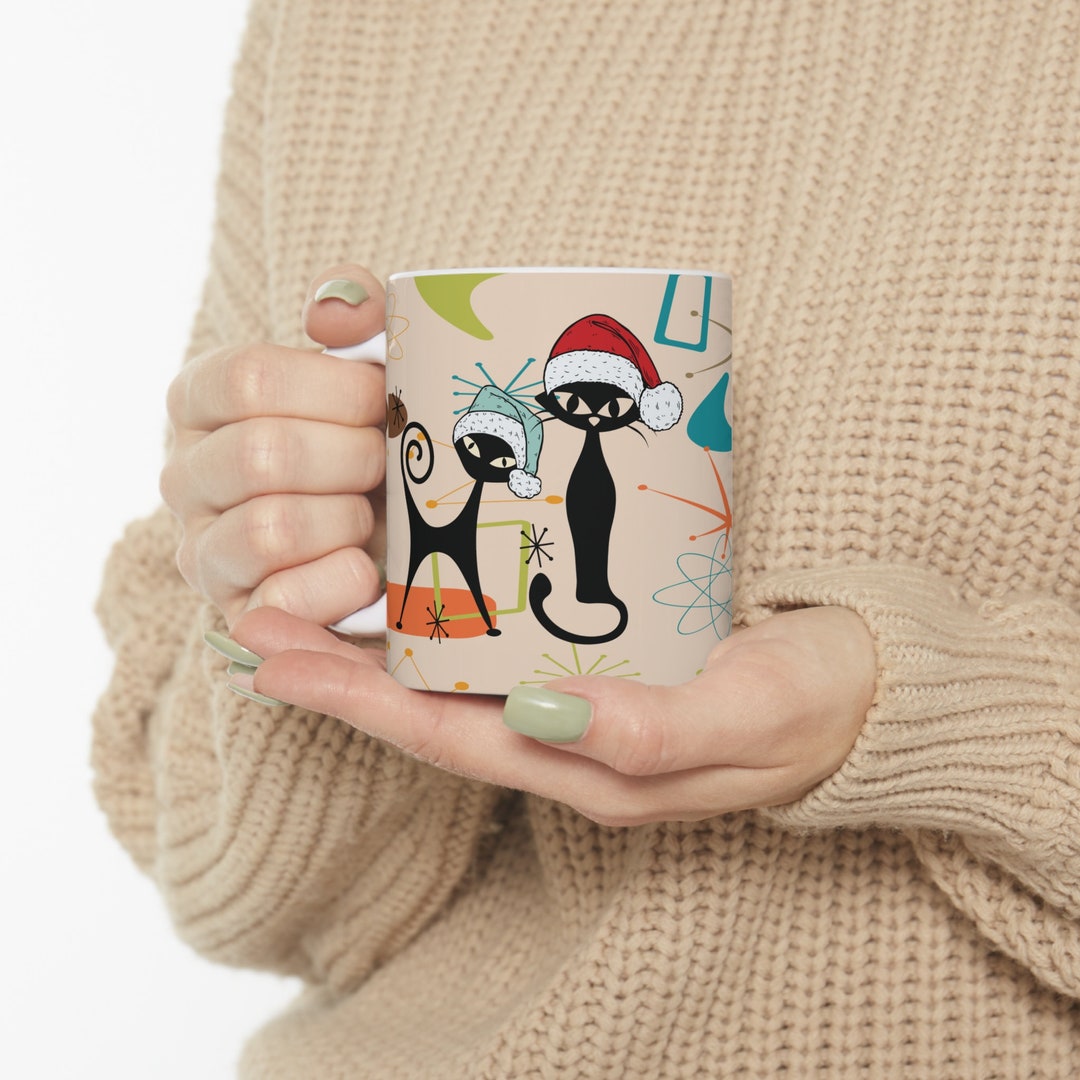 Atomic Cats Christmas Mug, Mid Century Modern Retro Boomerang Starburst ...