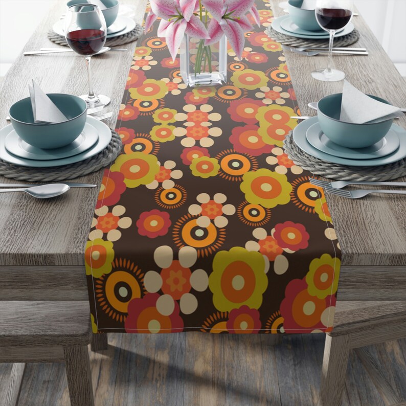 1970s Mid Century Modern Boho Floral Table Runner, Retro Table Runner ...