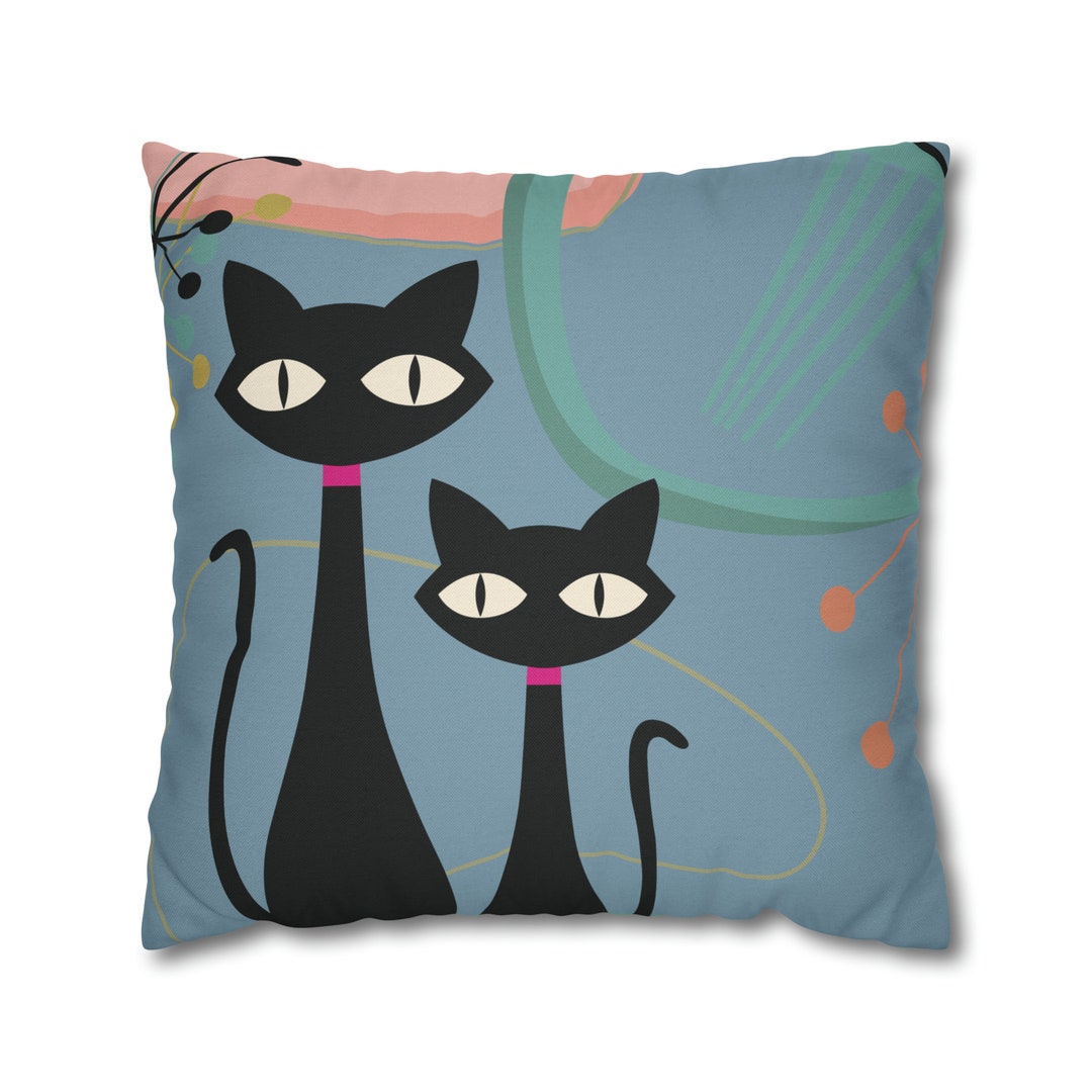 Mid Century Modern Kitschy Cat Throw Pillow Cover, Retro Black Cat ...